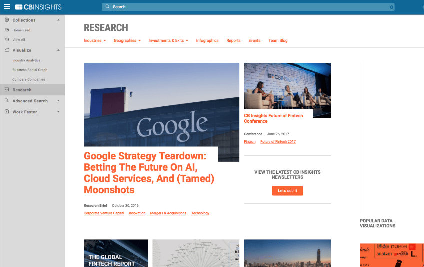 CB Insights' Summer 2017 release integrates research with the platform