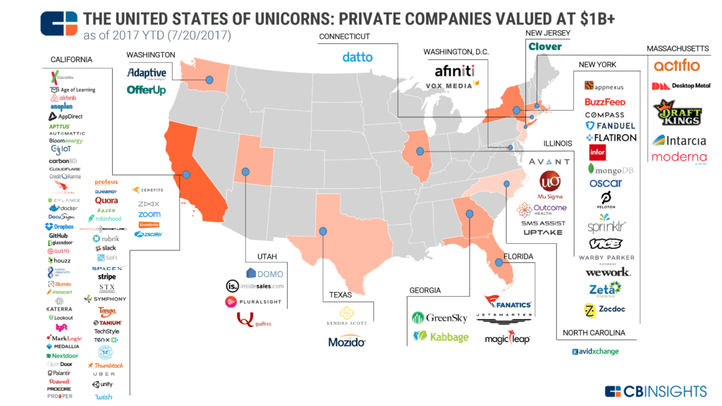 The United States Of Unicorns: Every US Company Worth $1B+ On One Map
